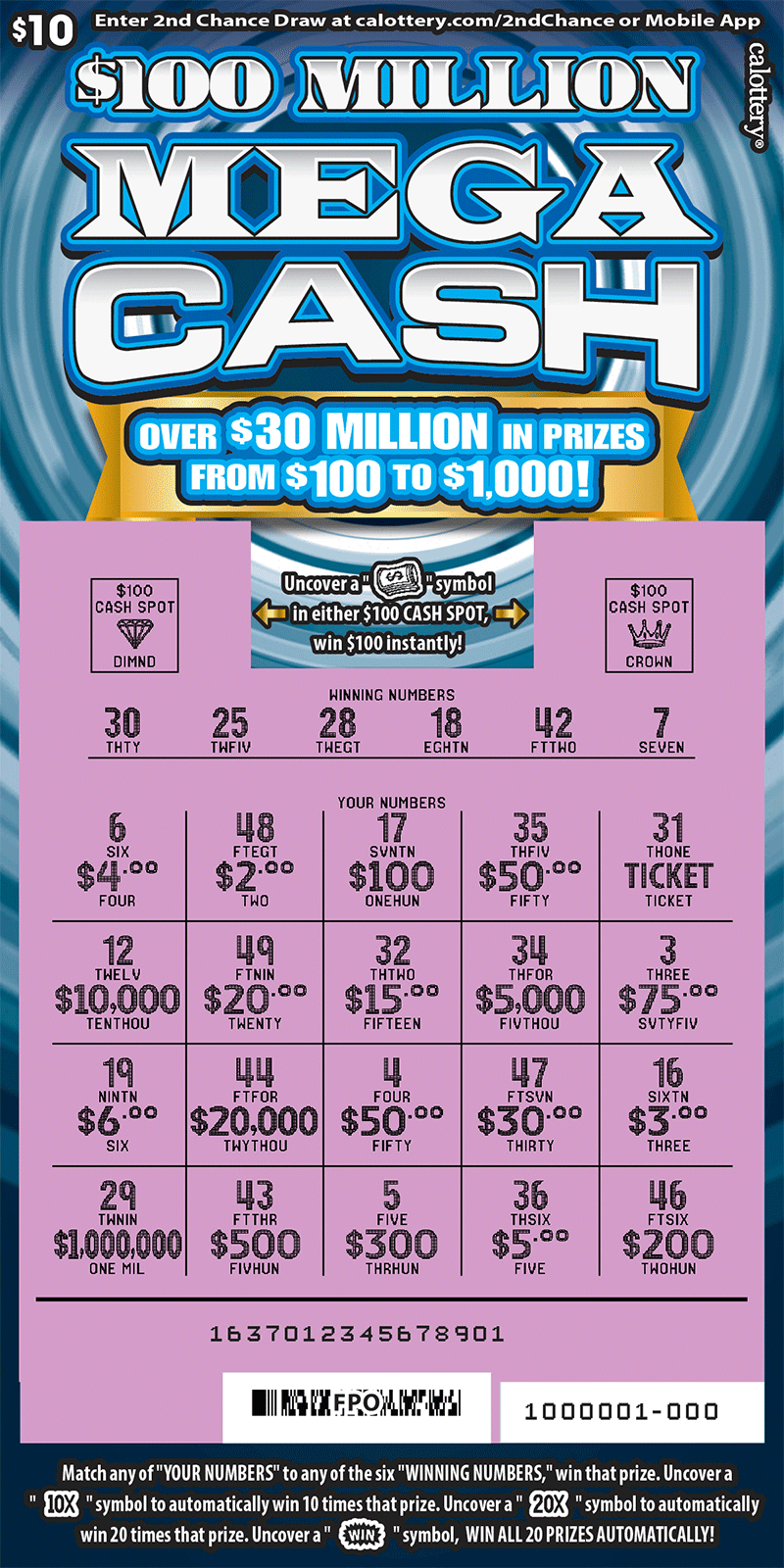 $100 Million Mega Cash (1637) | California State Lottery